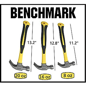 3 Pack of Claw Hammers (20 oz, 16 oz, 8 oz) with Sure-Grip Fiberglass Handles and Polished Steel Head