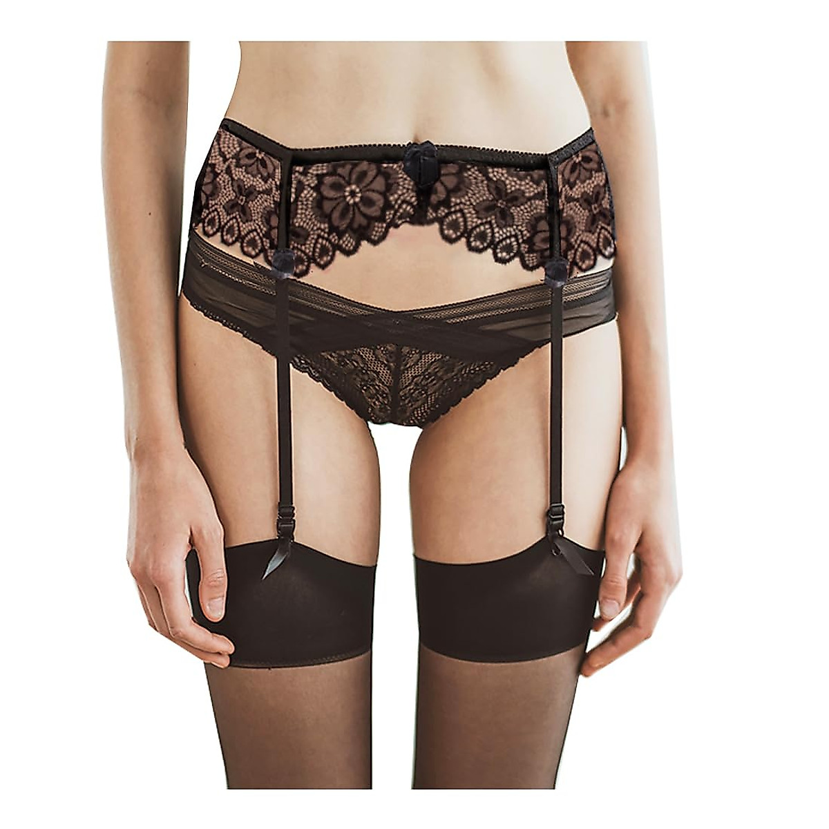 Garter Belt and Stockings - Women's Black Lace Metal Clips Suspender Belt With Thigh High Stockings