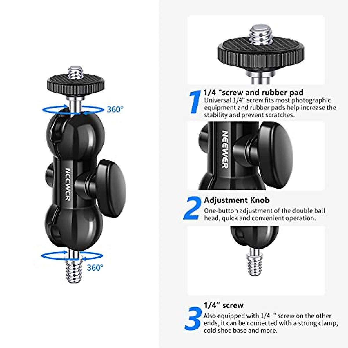 NEEWER Camera Mount Clamp with Dual Ball Head Adapter, Compatible with Insta360 GoPro Mount SmallRig Camera Cage, Webcam Monitor Mount, Super Clamp for Flash Mic LED Video Light Panel, ST10