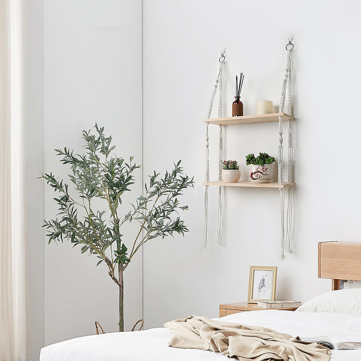 SNUGBLAKI Hanging Shelves for Wall Floating Shelves,Boho Macrame Hanging Shelves with Swing Rope,Farmhouse Rustic Wood Hanging Shelves,Rope Wall Display Shelves for Bedroom,Living Room, Bathroom