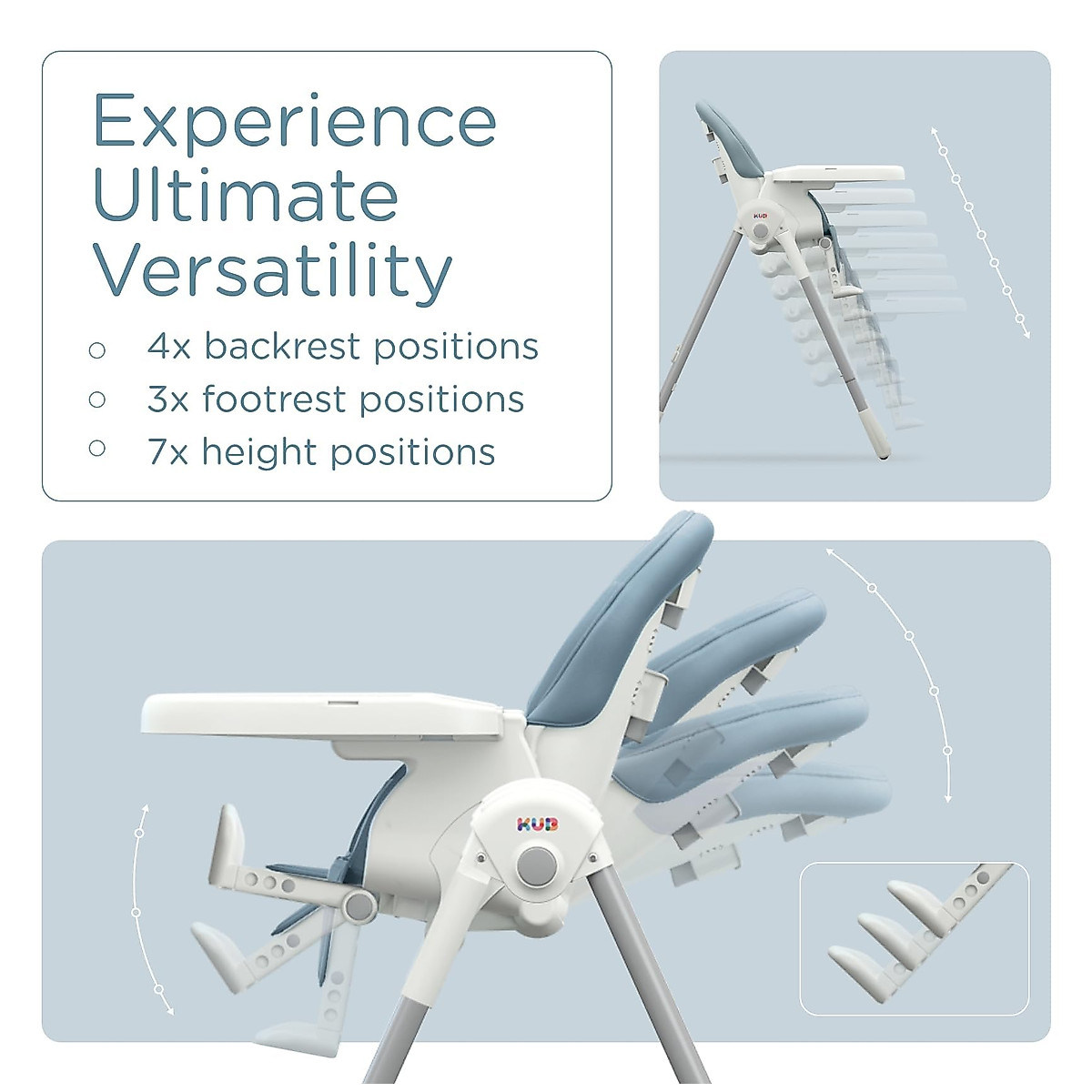 KÜB 3-in-1 Foldable Baby High Chair (Blue) | Multifunctional Infant HighChair for Babies & Toddlers | Removable Seat & Tray for Easy Clean | 7 Height & 4 Recline Adjustable | 2 Locking Wheels | Safe