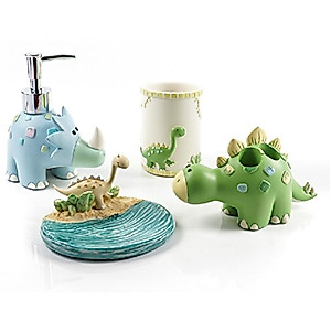 Ruoxian Cartoon Dinosaur Bath Accessory Set, Soap Dispenser Pump, Toothbrush Holder, Tumbler, Soap Dish (One Set)