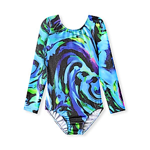 HOZIY Sleeved Leotards for Girls Gymnastics Size 7-8 Year Old 6-7 Years Old Oil Painting Swirl Splash Black Child Kids Tumbling Outfits Bodysuits Leotardos Para Gimnasia Ninas