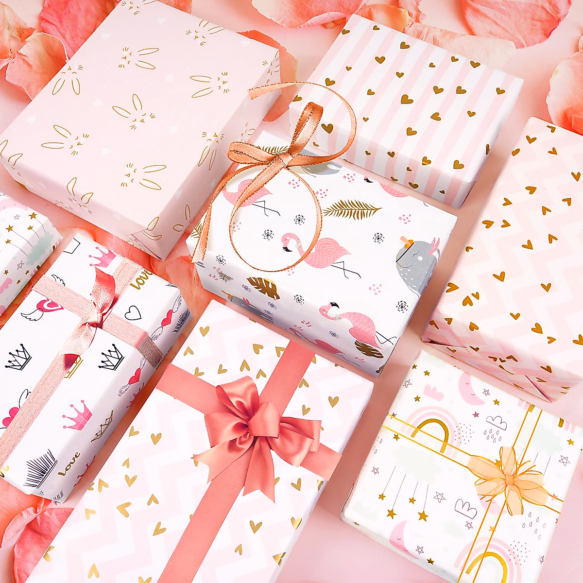 MAMUNU 6 Sheets Gift Wrapping Paper, Pink and Gold Folded Wrapping Paper with Heart, Bunny, Rainbow, Flamingo and Crown Designs for Women Girls Kids Birthday, Valentine's Day, Wedding, Baby Shower 50x70CM