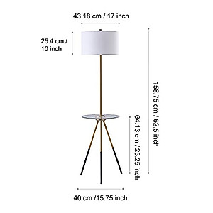 Teamson Home Modern Reading Tripod Floor Lamp Standing Light with USB Port and Glass Table White Shade Black Finish