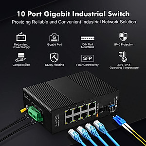 MokerLink 8 Port Gigabit Industrial DIN-Rail Ethernet Switch, 2 SFP Ports with 1 LC 20KM Module(SMF), IP40 Rated Unmanaged Network Switch (-40 to 185°F), with UL Power Supply