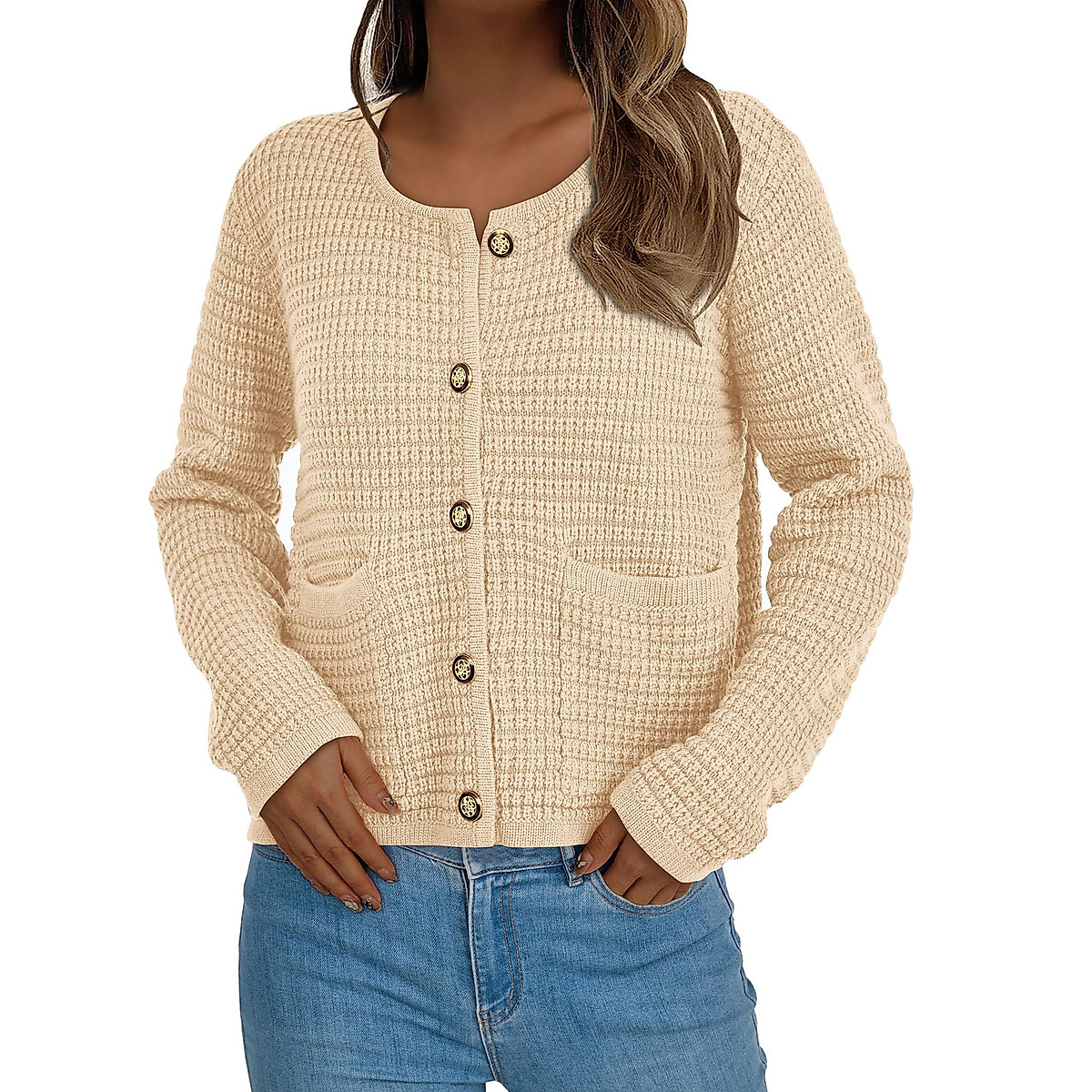 PRETTYGARDEN Women's Knit Cardigan Sweaters Fall Fashion Long Sleeve Open Front Button Down Trendy Casual Sweater Jacket (Beige, Large)