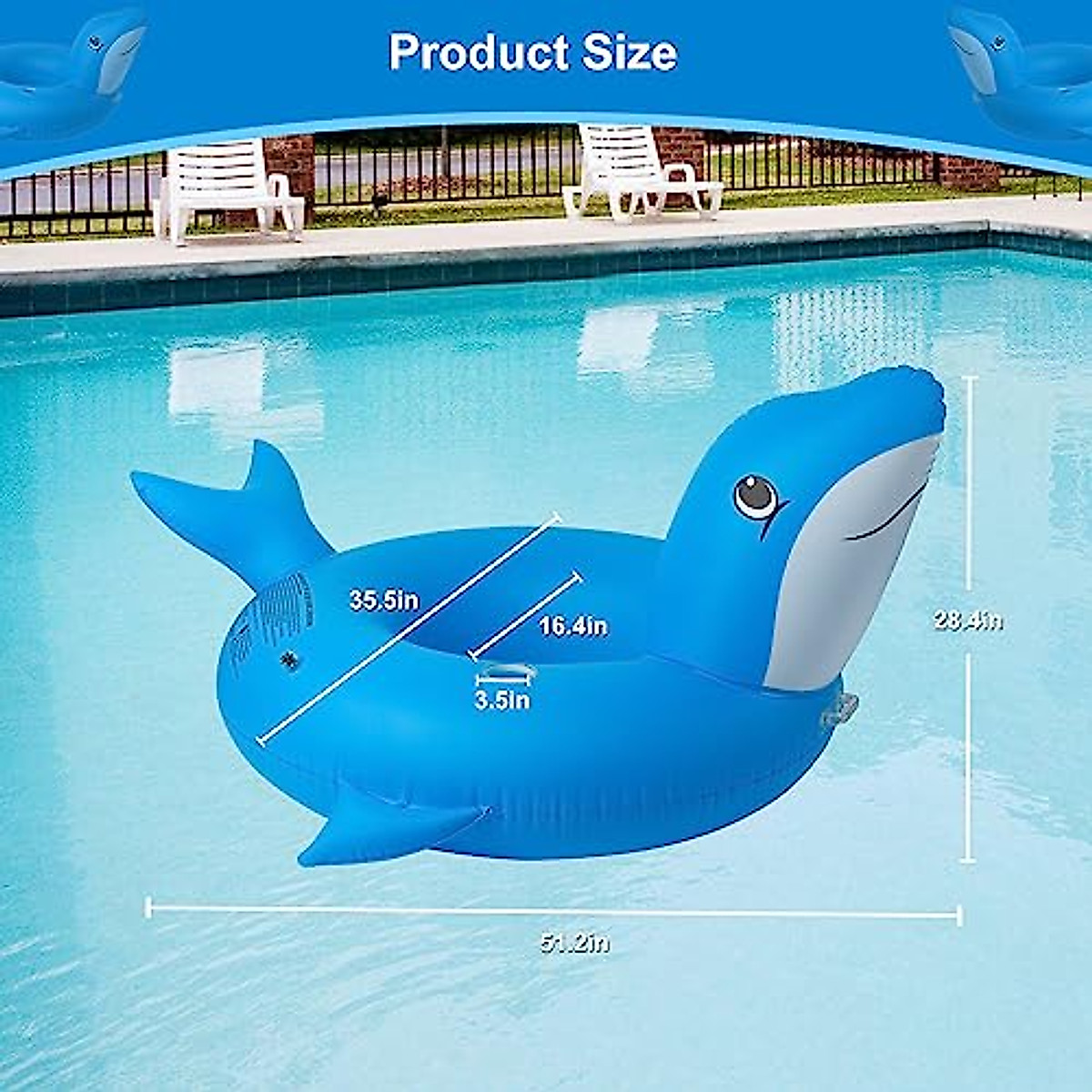 Uekars Inflatable Dolphin Pool Floats with Solar Lights, Dolphin Pool Beach Floaties Pool Tubes Rings with Cup Holder & Handle,Large Summer Water Fun Lounge Raft Swim Tubes with Fast Valves for Adults