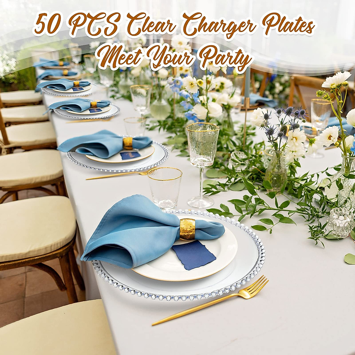 50 Pieces Clear Charger Plates Bulk 13 Inch Plastic Round Dinner Plate with Beaded Rim Acrylic Embossed Dinner Chargers Decorative Plates for Home Kitchen Party Wedding Events Dinner Tabletop Decor