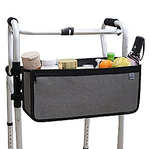 MDSTOP Walker Basket, Walker Bag Water Cup Holder, Foldable Walker Attachment Hands-Free Storage Bag for Elderly, Senior, Large Capacity with Zippered Phone Pocket (Not Fit Rollator Walkers) (Grey)