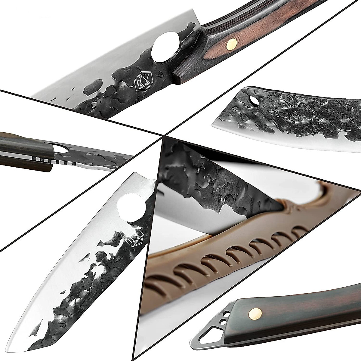 XYJ FULL TANG Camping Kitchen Knives Set With Knife Holder&Chef's Bag&Sharpener Rod 7 7.5 8 9 Inch Slicing Knife For Meat Vegetable Knives Block Set (Large Texture)