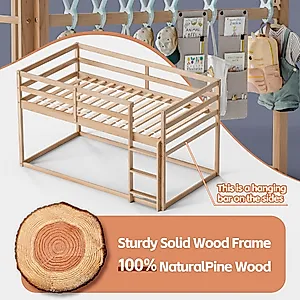 TOLEAD Low Bunk Bed Twin Over Twin, Floor Bunk Bed with Ladder, Twin Bunk Bed with Full Guardrails, Wooden Bunk Bed for Juniors, Boys, Girls, Kids, Bedrooms (Natural)