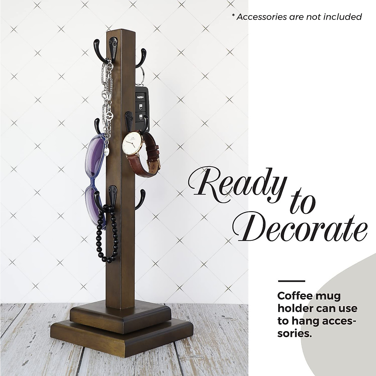 FABILE Coffee Mug Holder with 360 Degree Turn, Coffee Mug Tree, Rotated Solid Wooden Coffee Cup Holder Tree with 6 Metal Black Hooks, Mug Hanger for Kitchen Organizer (Walnut Color)