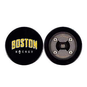 Boston Bottle Opener, Made from a Real Hockey Puck, Cap Catcher Magnet, Drink Coaster, Hockey City Design, The PuckOpener