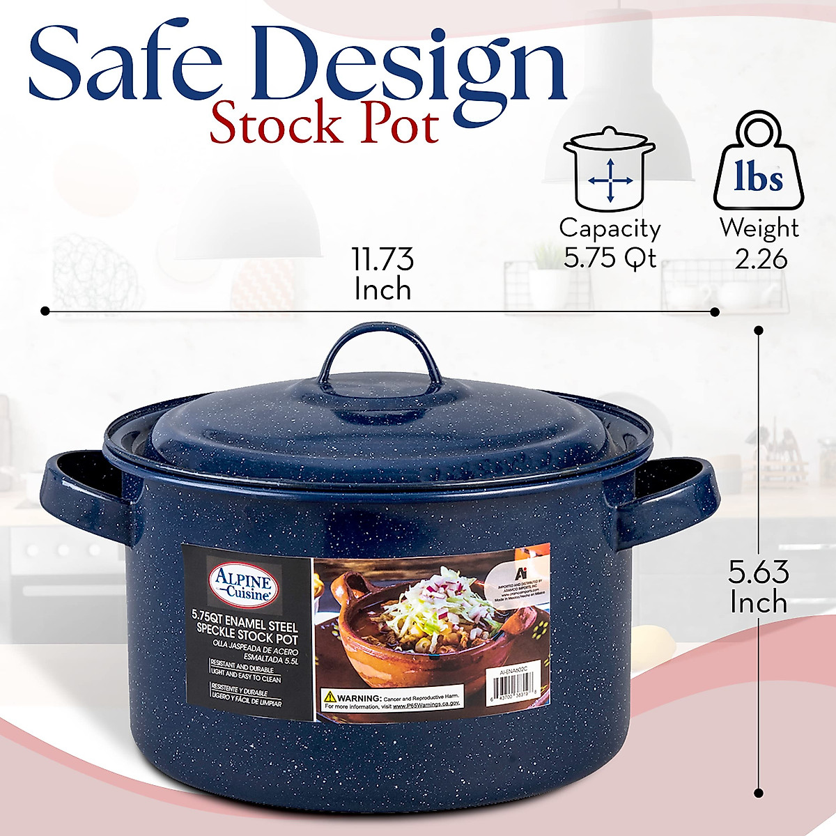 Alpine Cuisine Enamel Steel Dark Blue Speckle Stock Pot 5.75qt with Lid, Healthy Cookware Commercial Grade Stockpots, Multi Cooking Pot for Stew, Sauce & Reheat Food, Compatible for Family Meals