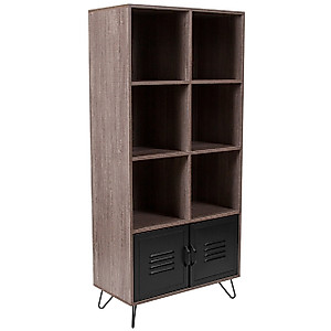 Flash Furniture Woodridge Collection 59.25"H 6 Cube Storage Organizer Bookcase with Metal Cabinet Doors and Metal Legs in Rustic Wood Grain Finish