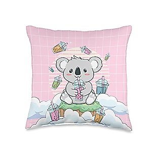 Japanese Aesthetic Clothes And Kawaii Animal Stuff Kawaii Koala Bear Bubble Boba Milk Tea Throw Pillow, 16x16, Multicolor