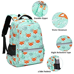 Backpacks for Girls Fox School Bags Kids Elementary Bookbag with Lunch Box and Pencil Case for Age 3+ (Green Fox)