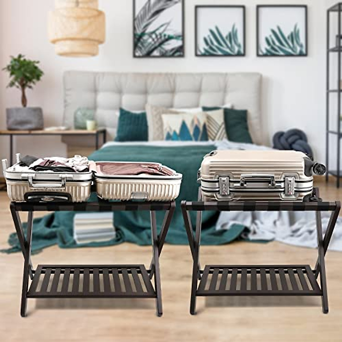 Purbambo Luggage Rack, Bamboo Folding Luggage Rack Suitcase Stand with Storage Shelf for Home Bedroom Guest Room - Brown