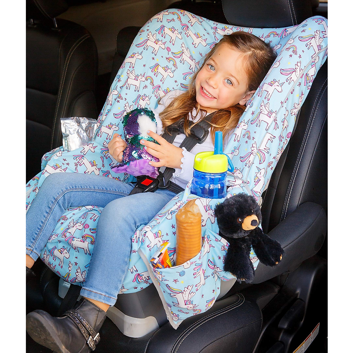 Niko Easy-Wash Children's Car Seat Cover & Liner - 100% Cotton Jersey Blue Unicorn - Fits Most Toddler Car Seats - Universal Fit - Waterproof SEAT Bottom - Machine Wash and Dry