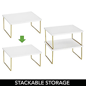mDesign Metal Stacking Storage Organization for Shelves Inside Cabinet in Kitchen, Pantry, Cupboard, Fridge/Freezer, Organizer Stand for Plates, Bowls, Mugs, Ligne Collection, 4 Pack, White/Soft Brass