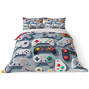 Placitiume Gaming Duvet Cover Set Gaming Bedding Set Videogame Controller Printed with Modern Gamepad Design Quilt Cover Set with 2 Pillowcases Colorful Novelty Bedding Set, No Comforter