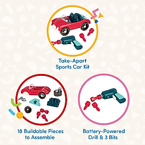 Battat – Toddler Construction Toys – Developmental Toy Vehicle Kit – Sports Car Building Set – Screwdriver And Tools – 3 Years + – Take-Apart Roadster , Red