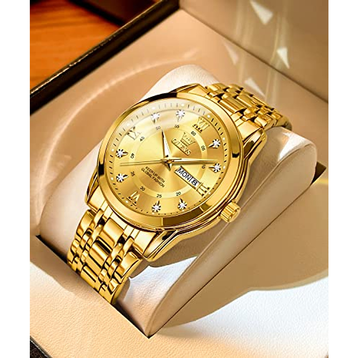 OLEVS Gold Watches for Men Luxury Stainless Steel Man Watch Roman Numerals Gold Men's Wrist Watch Waterproof Dress Analog Big Face Easy to Read Reloj De Hombre