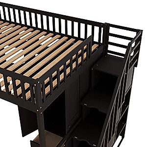 Merax Full Size Loft Beds Stairway Loft Bed Frame with Wardrobe, Desk, Bookcase and Drawers, Espresso