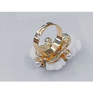CZ Three White Flower Pearl Open Band Ring for Women Girls Gold Plated Cubic Zirconia Imitation Pearls Resin Rose Flowers Statement Adjustable Expandable Finger Rings Comfort Fit Christmas Jewelry