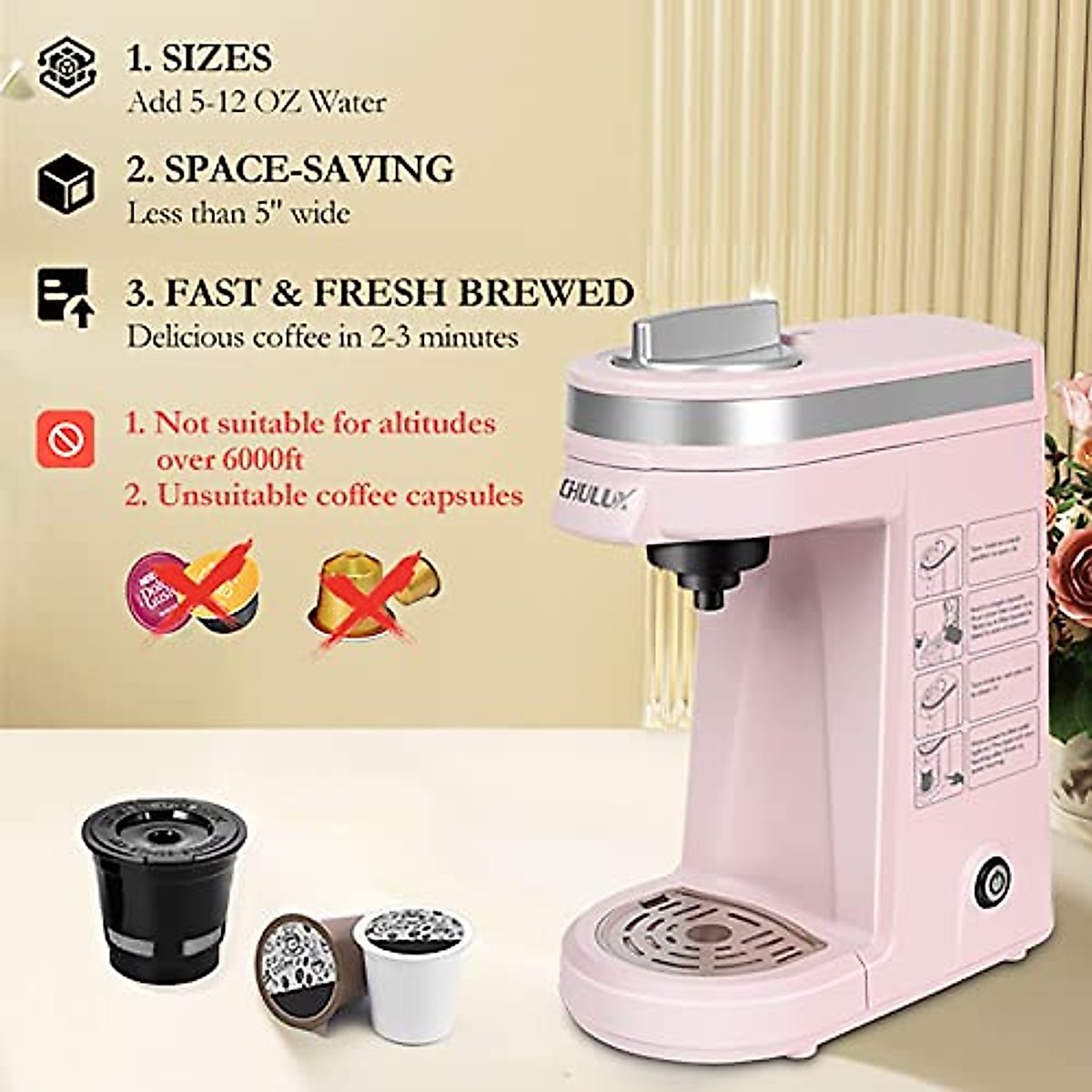 CHULUX Single Serve Coffee Maker,One Button Operation with Auto Shut-Off for Coffee and Tea with 5 to 12 Ounce,Pink