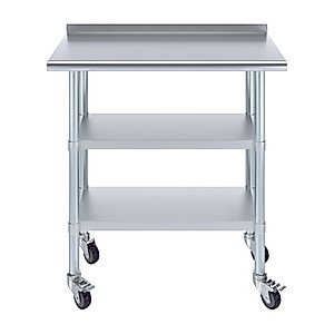 AmGood Stainless Steel Work Table with 1.5" Backsplash and 2 Shelves with Wheels | Metal Kitchen Food Prep Table | NSF (36" Long x 18" Deep)