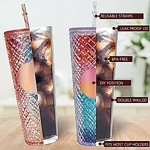 EVERGLITTER 24oz Rose Gold Jeweled Tumbler with Lid and Straw,BPA-FREE,Plastic Double Wall Insulated Water Bottles with Straw,Jeweled Cups with Lid Leakproof,Pink Tumbler Gifts for Women,Keep Colds