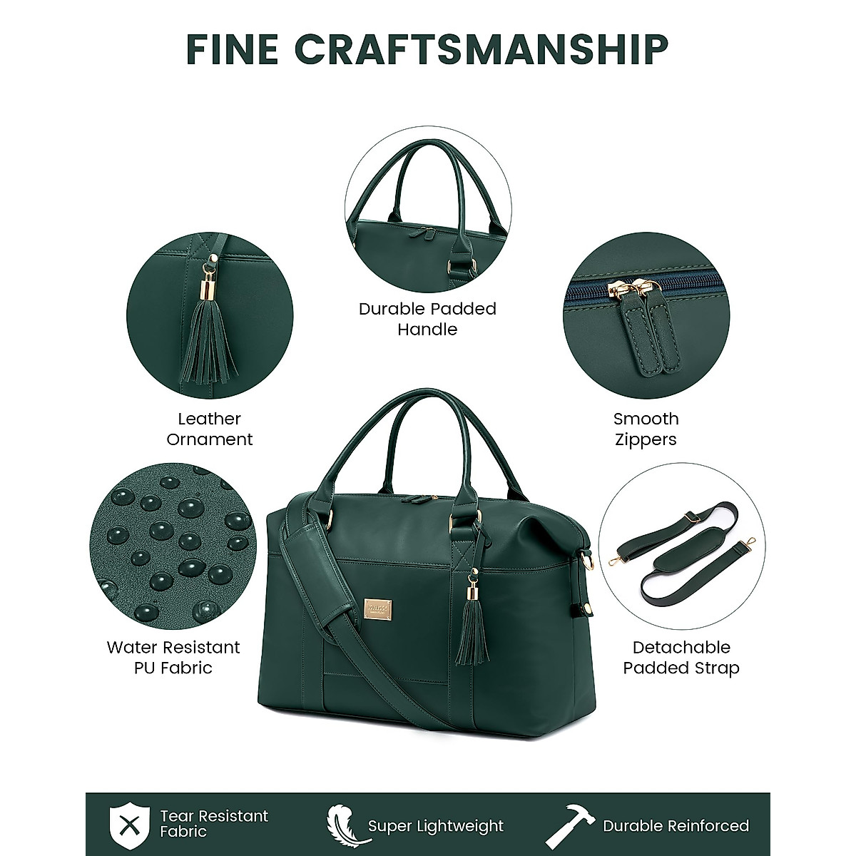 LOVEVOOK Travel Duffle Bag for Women, Leather Carry On Weekender Bag with Toiletry Bag, Waterproof Overnight Bag Tote Gym Duffel Bag with Wet Pocket for Hospital Yoga Sports Dance Green