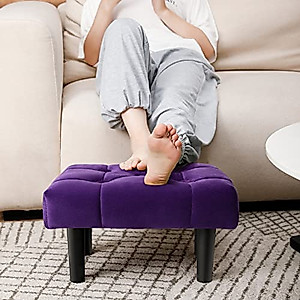 HOUCHICS Small Footstool Ottoman, Velvet Wooden Foot Stool Ottoman with Wood Legs, Sofa Footrest Extra Seating for Living Room Entryway Office(Purple 1PACK)