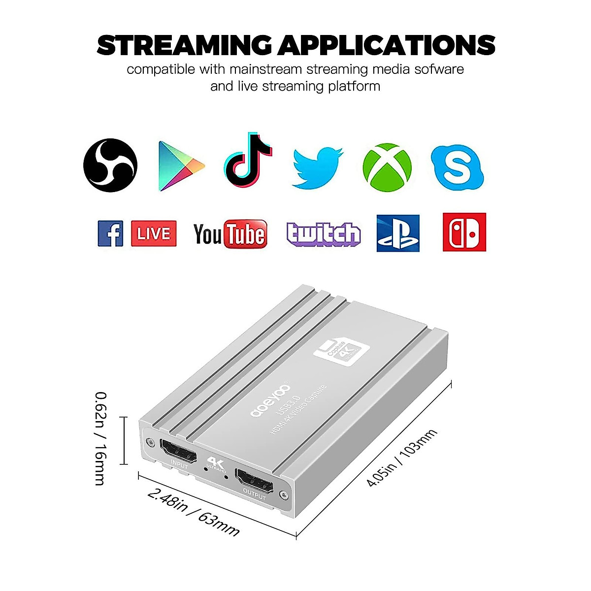 Gaming Video Capture Card 4K/2K/1080P 120 FPS & HDR Passthrough, NV12 Near-Zero Latency, Certified for OBS, USB 3.0, Plug & Play, Record & Stream with PC, PS5, PS4,Xbox, Switch