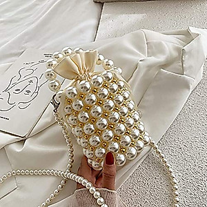 Abvokury YUSHINY Beaded Handbag for Women White Pearl Decoration Evening Bags with Detachable Chain Inner Bag Medium