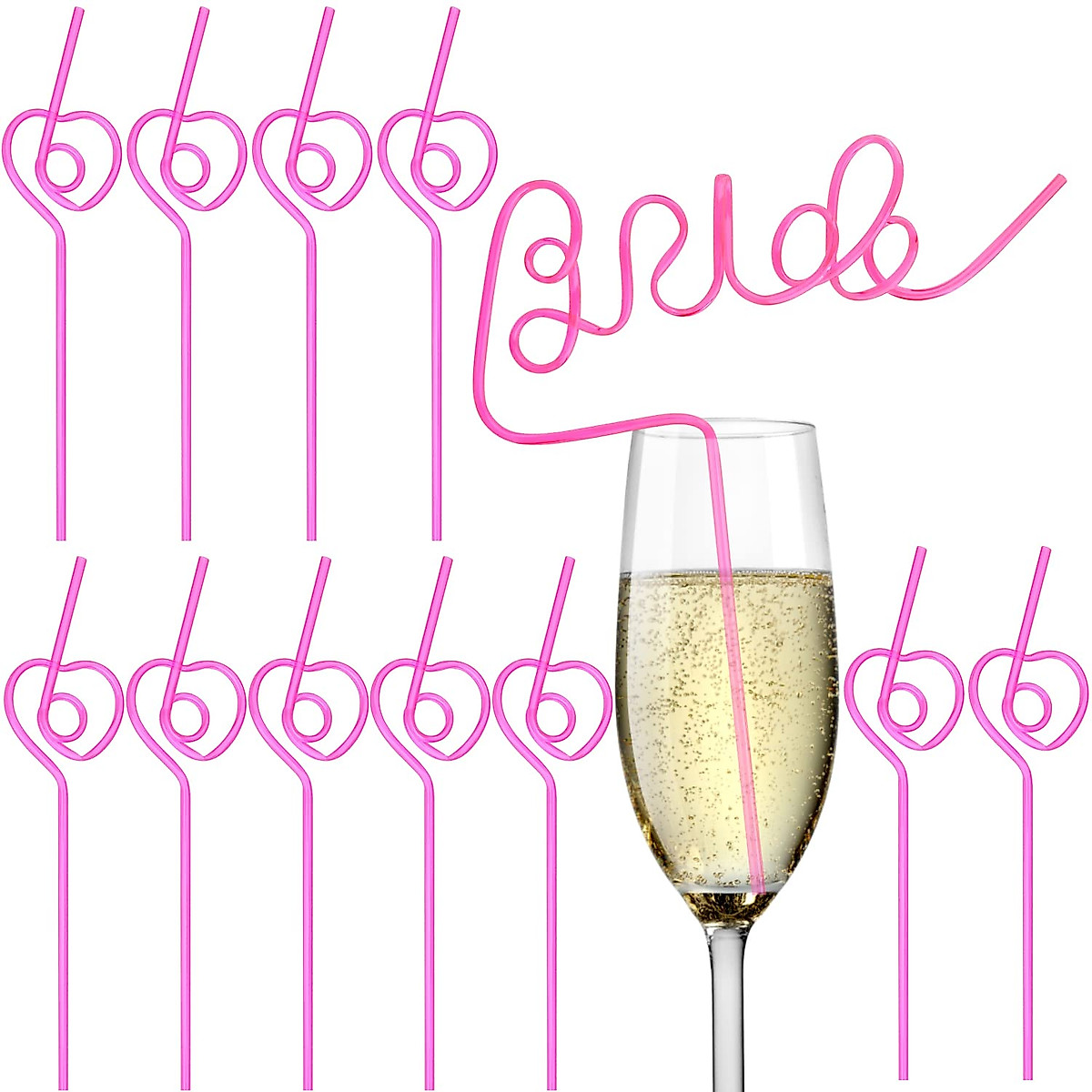 12 Pcs Reusable Bride Straws Heart Shape, Bachelorette Party Supplies Wedding Engagement Bridal Shower Party Decorations, Gifts for Bride, 11 Pcs Straws for Bachelorette & 1 Pcs Bride Straw