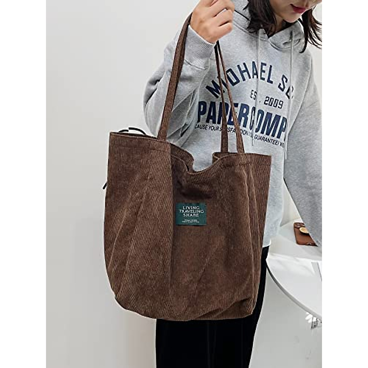 WDIRARA Women's Corduroy Totes Bag Shoulder Handbags Letter Print Shopping Shoulder Bag Brown