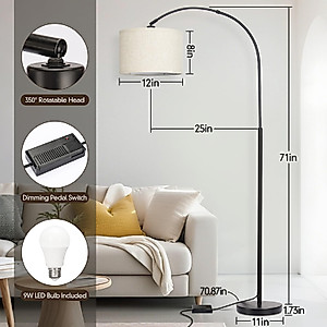 Dimmable Floor Lamp, Arc Floor Lamp with Dimmer, Black Standing Lamp with Adjustable Hanging Shade, Over Couch Tall Reading Light, Modern Pole Lamp for Living Room Bedroom, 8W LED Bulb Included