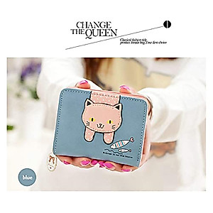 Girls Women Faux Leather Small Wallet Cute Cat Pattern Clutch Purse Coin Holder Card Organizer,Bifold (Blue)