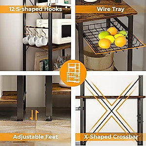 SUPERJARE Large Bakers Rack with Power Outlets, 6-Tier Microwave Stand, Coffee Bar with 12 S-Shaped Hooks, Kitchen Shelf with Wire Basket, 39.3 x 15.5 x 66.9 Inches, Rustic Brown