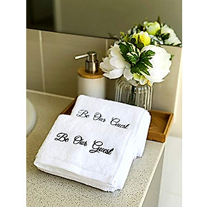 'Be Our Guest' Embroidered White Hand Towels for Bathroom with Gift Box - Set of 2 - Extra Absorbent 100% Cotton Hand Towel Set - 571GSM - 14 x 30 inches - Gifts for Bathroom - Be Our Guest Decor