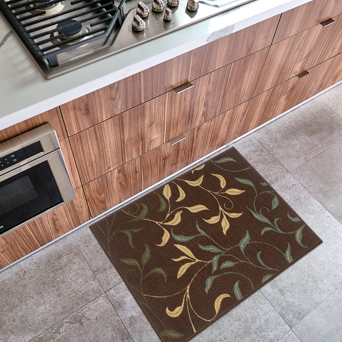 Machine Washable Leaves Design Non-Slip Rubberback 2x3 Pack of 2 Traditional Area Rug for Entryway, Bedroom, Kitchen, Bathroom, 2'3" x 3' - Pack of 2, Brown