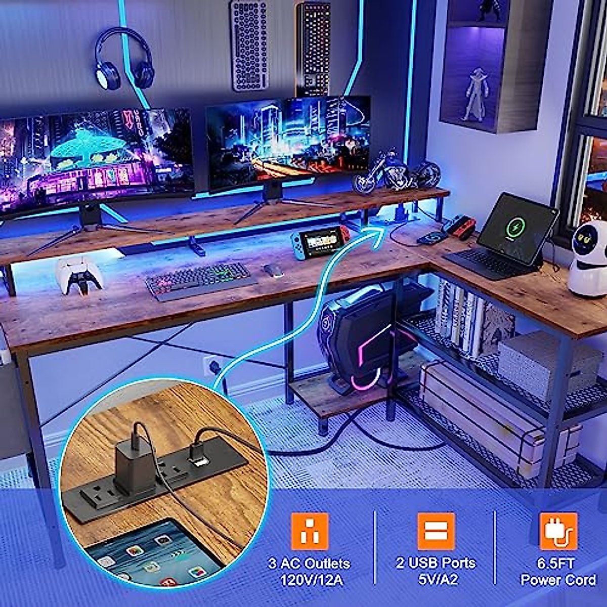 Furologee L Shaped Computer Desk with LED Lights & Power Outlet, Gaming Desk with 2 Reversible Storage Shelves, Corner Desk with 50" Monitor Stand, Writing Study Table with Cloth Bag for Home Office