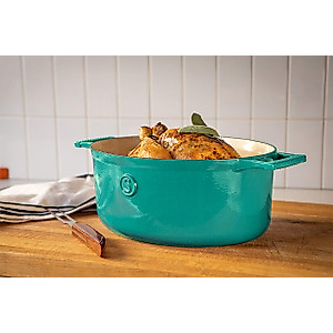 SAVEUR SELECTS Enameled Cast Iron 6-Quart Oval Roaster with Stainless Steel Lid, Saveur Blue, Voyage Series