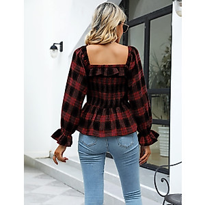 BMJL Womens Flannel Shirts Square Neck Fall Shirts Buffalo Plaid Peplum Top Sexy Off The Shoulder Top Trendy 2023 Fall Fashion(Black&Red,XL)