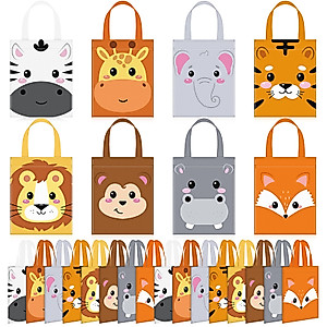 Photect 32 Pcs Safari Party Favor Bags Non Woven Jungle Animal Goodie Treat Bags with Handles Lion Tiger Elephant Monkey Giraffe Gift Bags for Kids Safari Themed Party Birthday Baby Shower Supplies