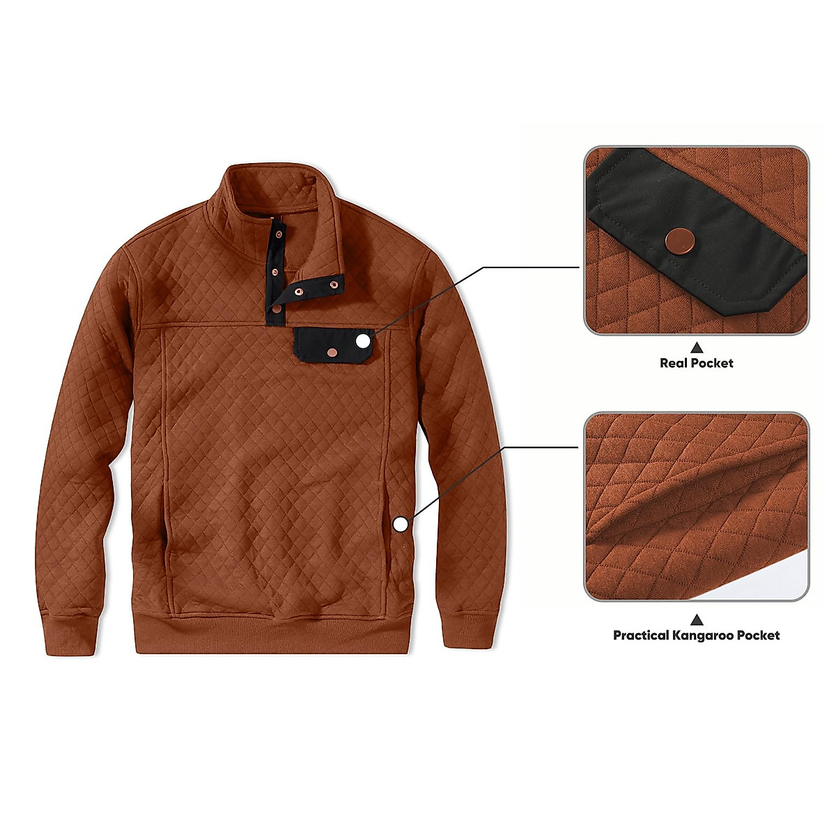 JMIERR Mens Quilted Sweatshirt Casual Long Sleeve Crewneck Half Button Fashion Pullovers Sweater Jackets with Pockets, US 38(S), Orange