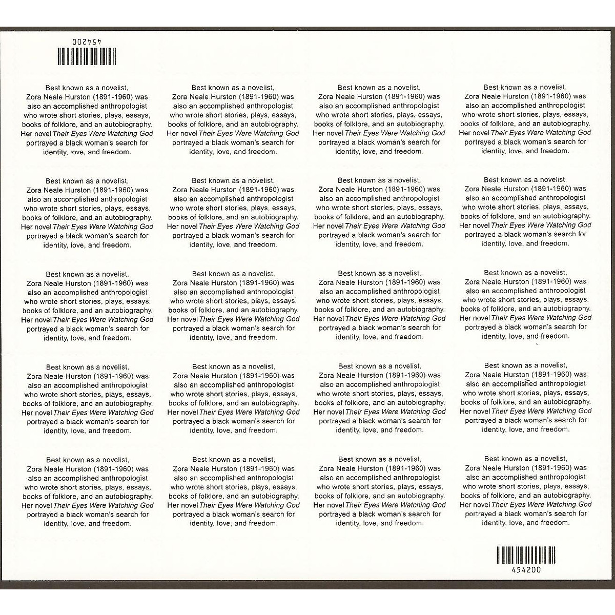 Novelist Zora Neale Hurston Sheet of Twenty 37 Cent Stamps Scott 3748